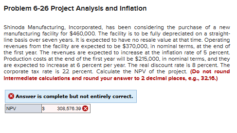 Solved Problem 6-26 ﻿Project Analysis and InflationShinoda | Chegg.com