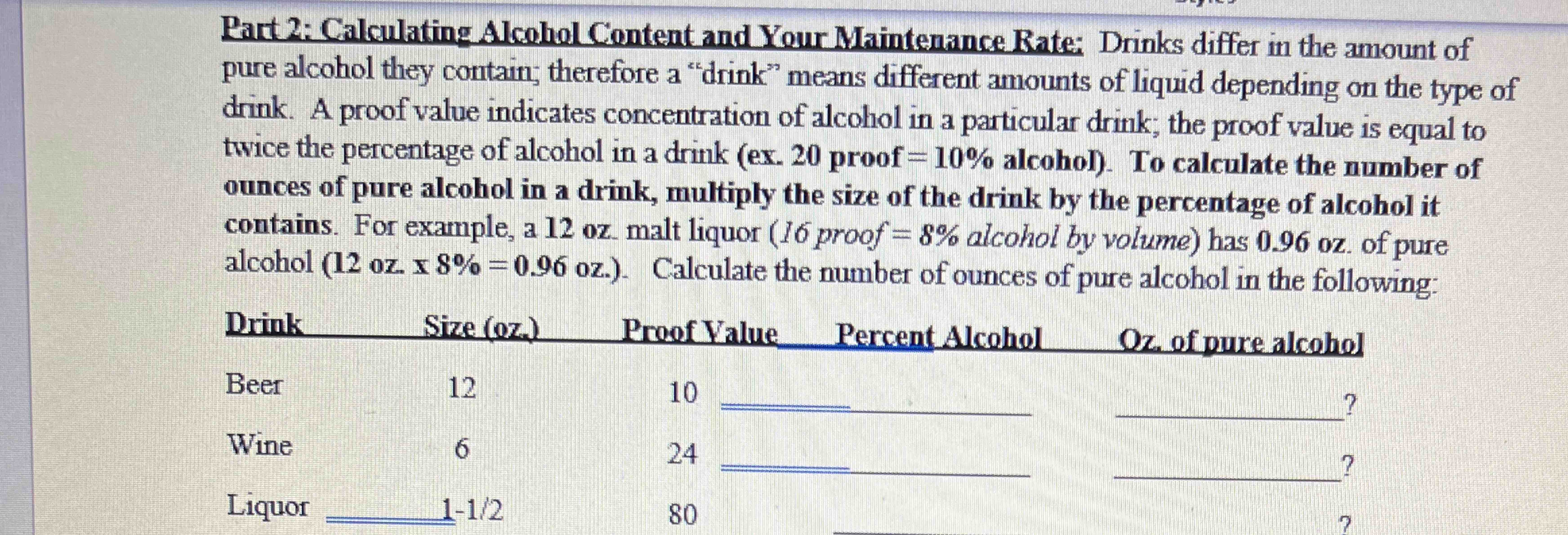 Solved Part 2: Calculating Alcohol Content and Your | Chegg.com