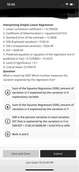 Solved 10:45 Interpreting Simple Linear Regression 1. Linear | Chegg.com