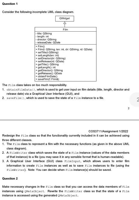 Solved Question 1 Consider the following incomplete UML | Chegg.com