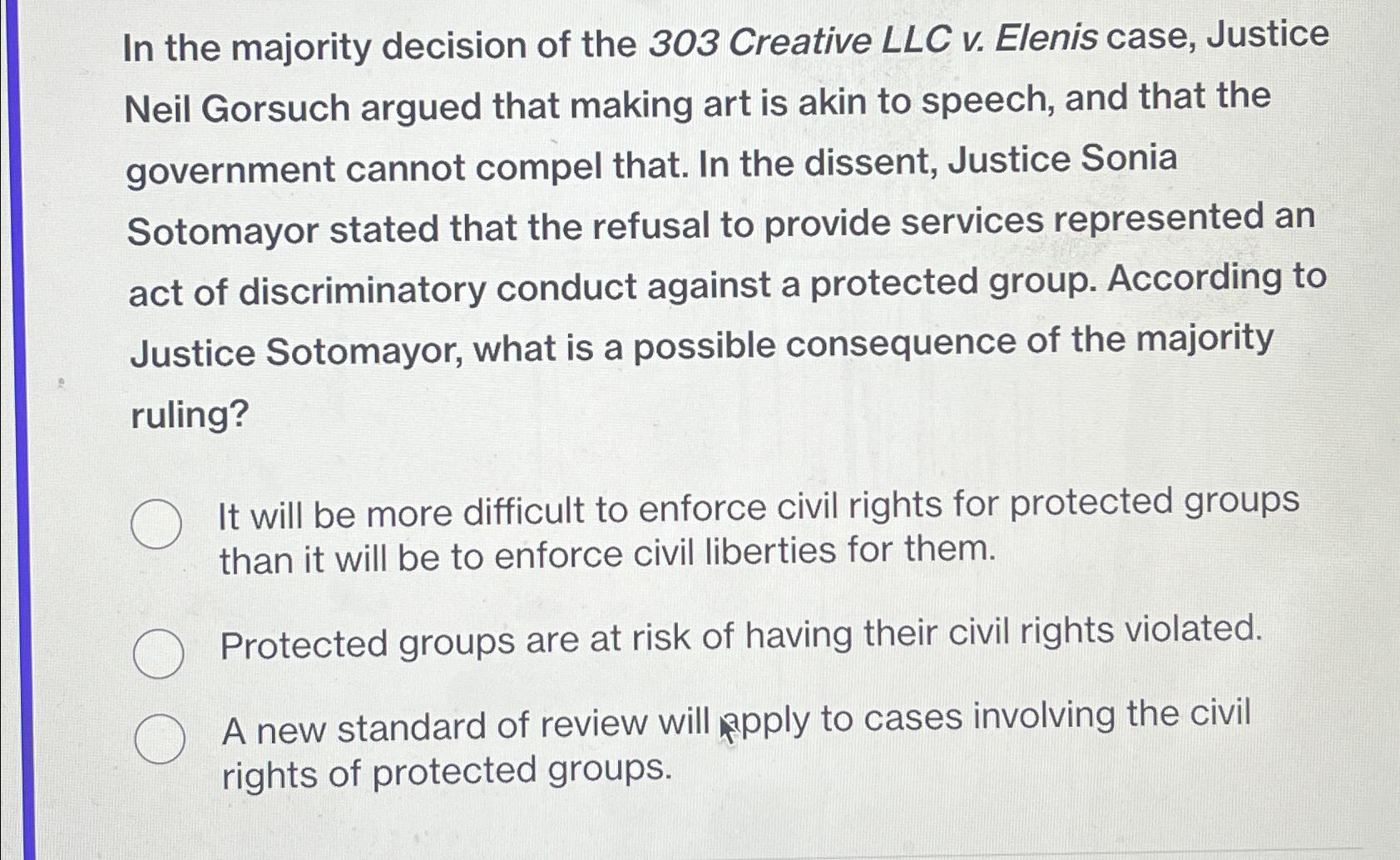 Solved In the majority decision of the 303 ﻿Creative LLC v. | Chegg.com