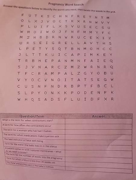 Solved Pregnancy Word SearchAnswer the questions below to | Chegg.com
