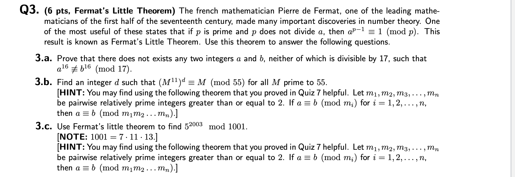 Solved ANSWER FULLY: Q3. (6 ﻿pts, ﻿Fermat's Little Theorem) | Chegg.com