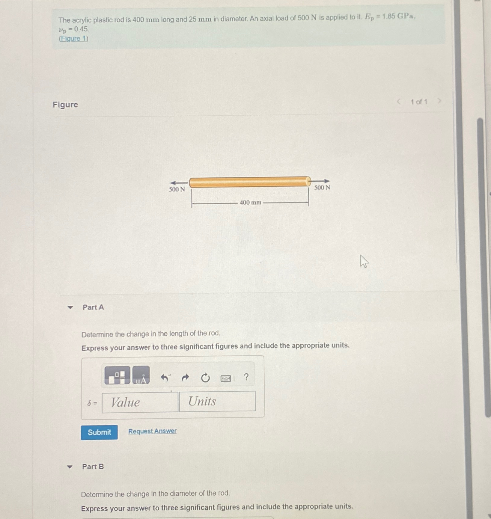 Solved The acrylic plastic rod is 400mm ﻿long and 25mm ﻿in | Chegg.com
