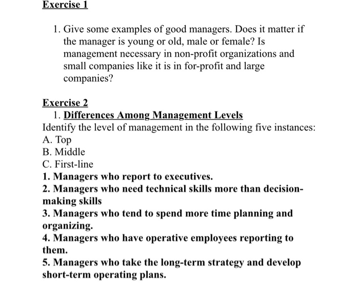 Solved Exercise 1 1. Give some examples of good managers. | Chegg.com
