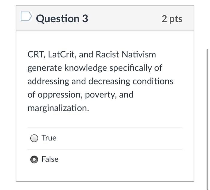 Solved Question 1 2 pts CRT began with the work of | Chegg.com