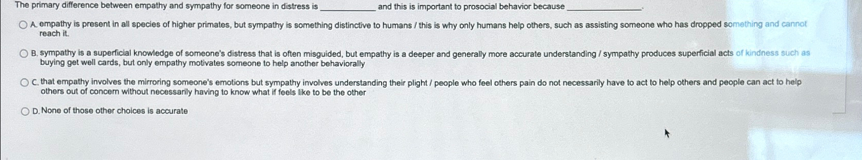 Solved The primary difference between empathy and sympathy | Chegg.com