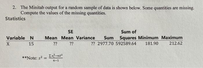 Solved a 2. The Minitab output for a random sample of data | Chegg.com