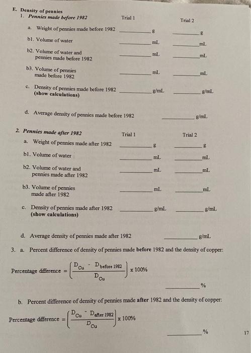 Solved E. Density of pennies. 1. Pennies made before 1982 a. | Chegg.com