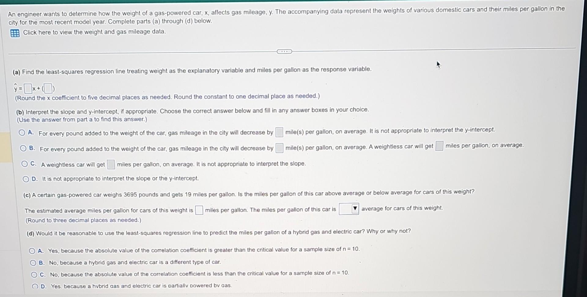 Solved Car Weight and MPG | Chegg.com