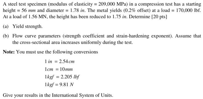 Solved A steel test specimen (modulus of elasticity = | Chegg.com