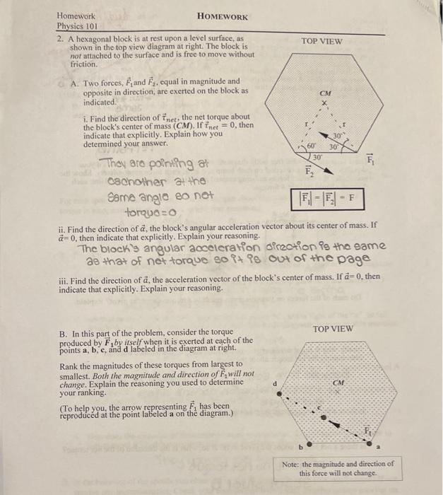 2. A hexagonal block is at rest upon a level surface, | Chegg.com