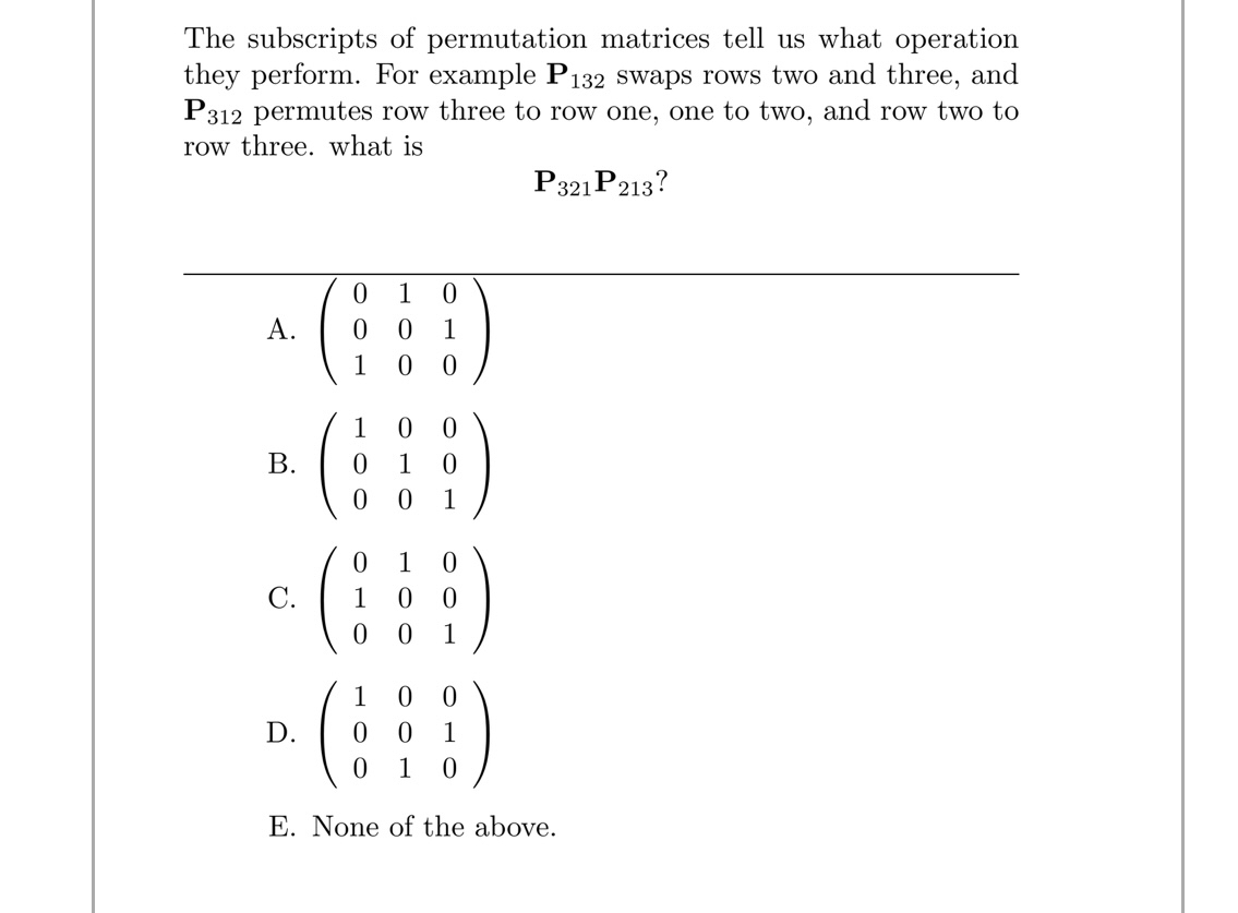 Solved The subscripts of permutation matrices tell us what | Chegg.com