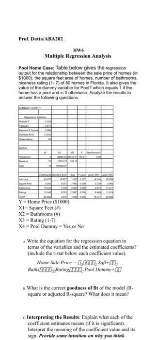 Prof. Datta/ABA202 HW6 Multiple Regression Analysis | Chegg.com
