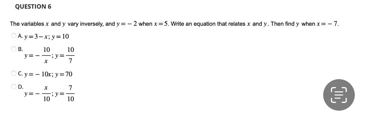 Solved QUESTION 6The variables x ﻿and y ﻿vary inversely, and | Chegg.com