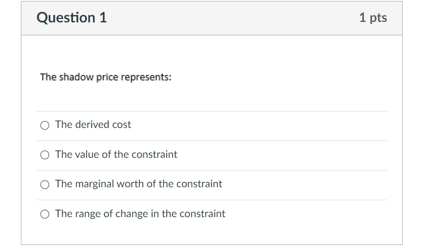 Solved Question 1The shadow price represents:The derived | Chegg.com