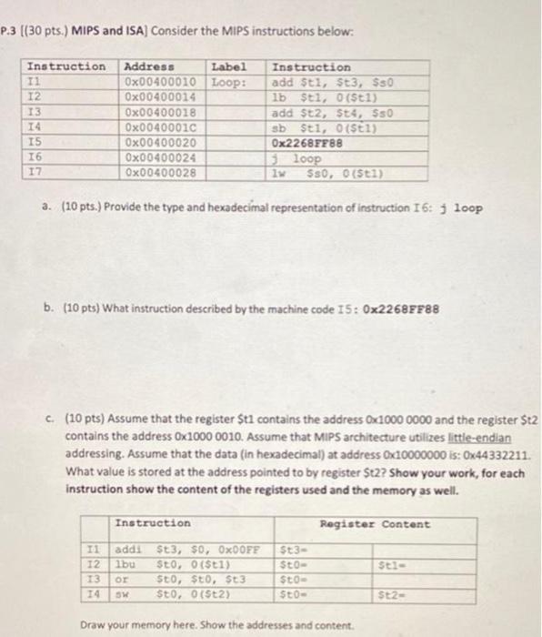 Solved P.3 [(30 pts.) MIPS and ISA] Consider the MIPS | Chegg.com