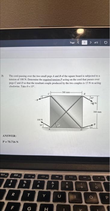 Solved 3) The cord passing over the two small pegs A and B | Chegg.com