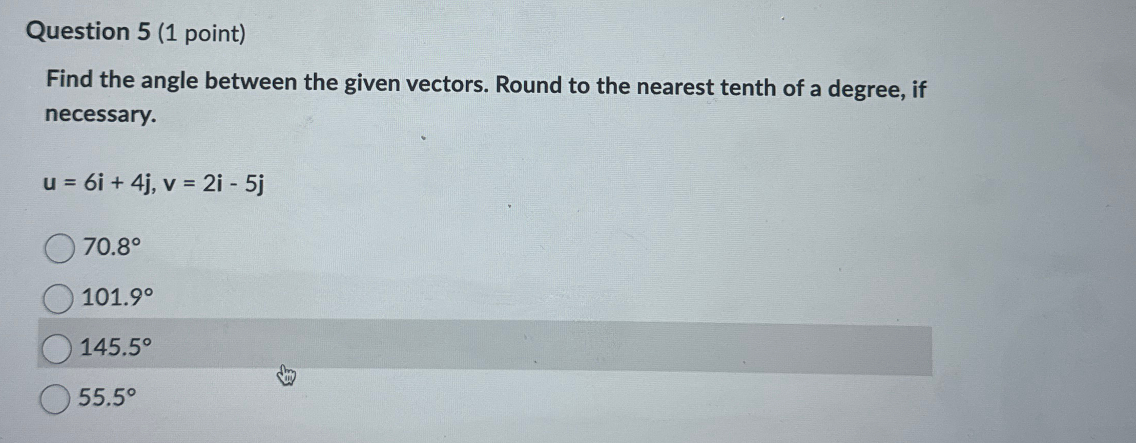 Solved Question 5 (1 ﻿point)Find the angle between the given | Chegg.com