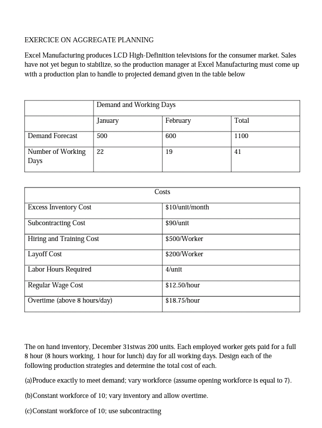 Solved EXERCICE ON AGGREGATE PLANNING Excel Manufacturing | Chegg.com