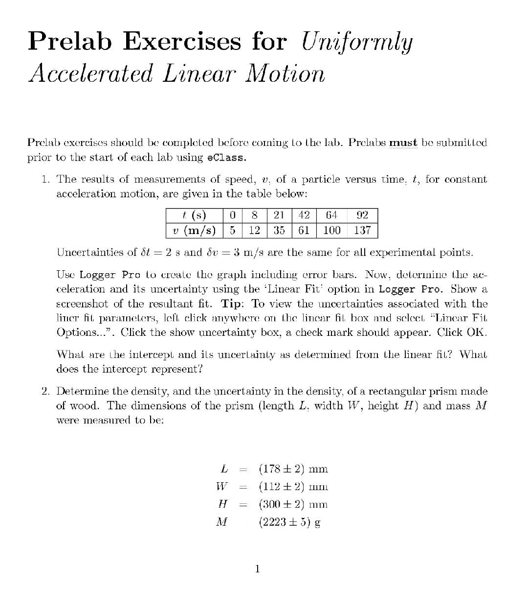 Solved Prelab Exercises For Uniformly Accelerated Linear 