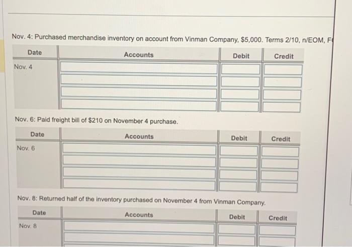 Solved Nov. 4 Purchased merchandise inventory on account | Chegg.com