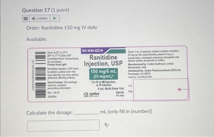 Solved Order: Ranitidine 150mg IV daily Available: | Chegg.com