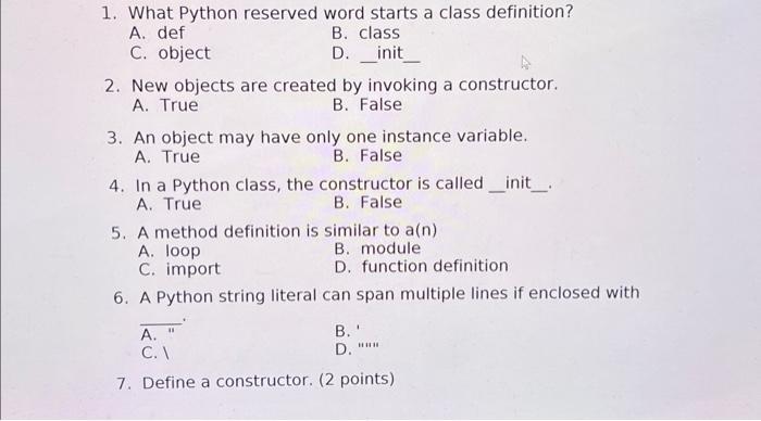 Solved 1. What Python reserved word starts a class | Chegg.com