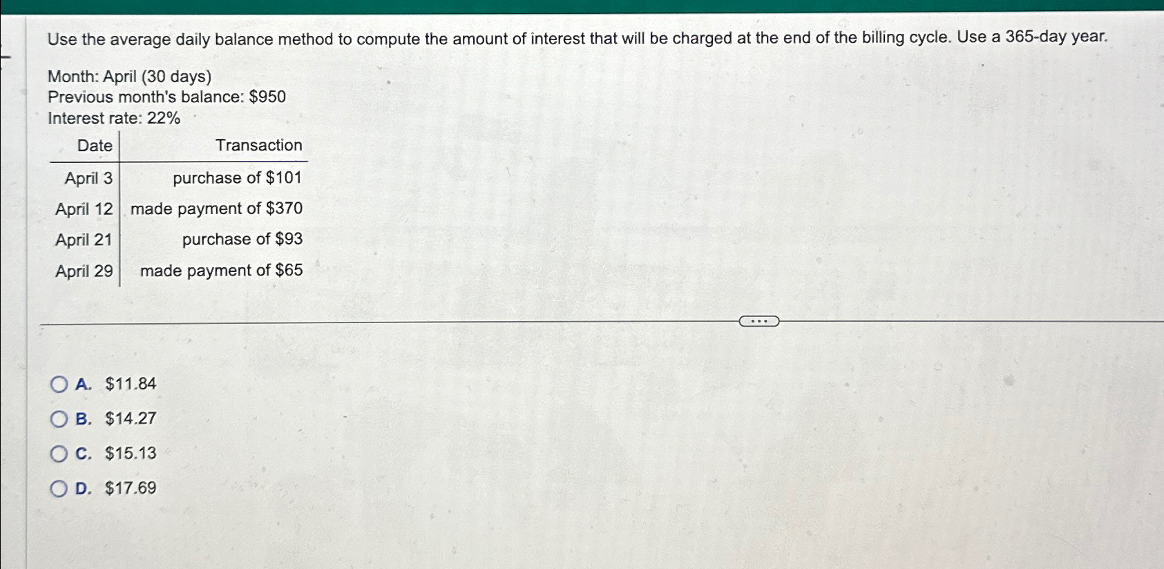 Solved Use the average daily balance method to compute the | Chegg.com