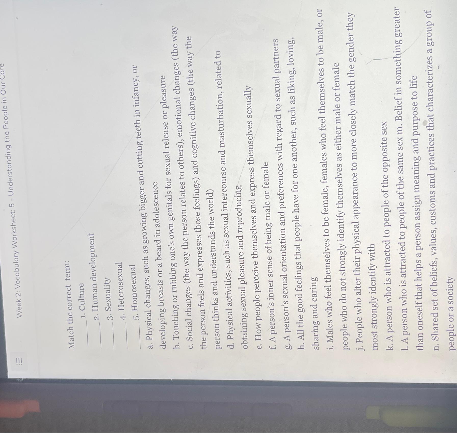 Solved Week 2: Vocabulary Worksheet: 5 - ﻿Understanding the | Chegg.com