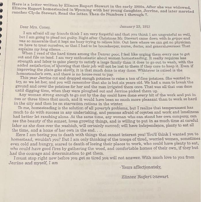 Here is a letter written by Elinore Rupert Stewart in | Chegg.com
