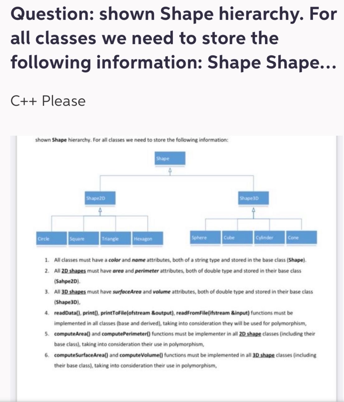 Solved Question: shown Shape hierarchy. For all classes we | Chegg.com