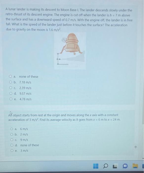 Solved A lunar lander is making its descent to Moon Base I. | Chegg.com