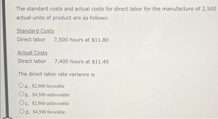 Solved The standard costs and actual costs for direct labor | Chegg.com