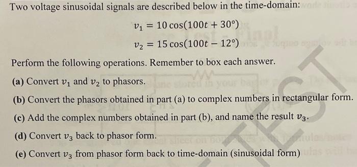 Solved Two voltage sinusoidal signals are described below in | Chegg.com