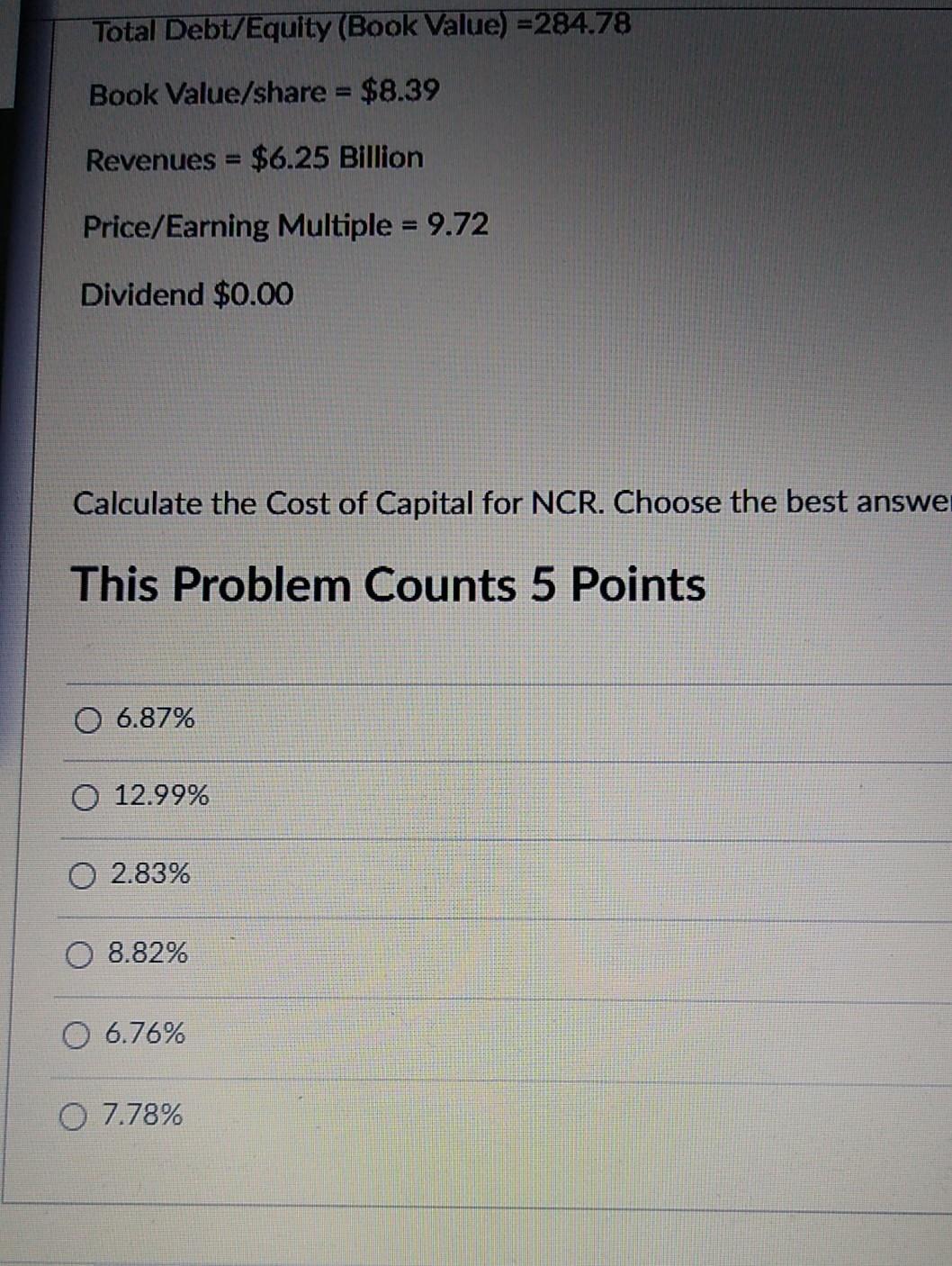 Solved Consider the following financial data for NCR. US | Chegg.com