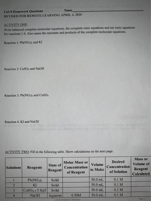 Solved Lab 8 Homework Questions Name REVISED FOR REMOTE | Chegg.com