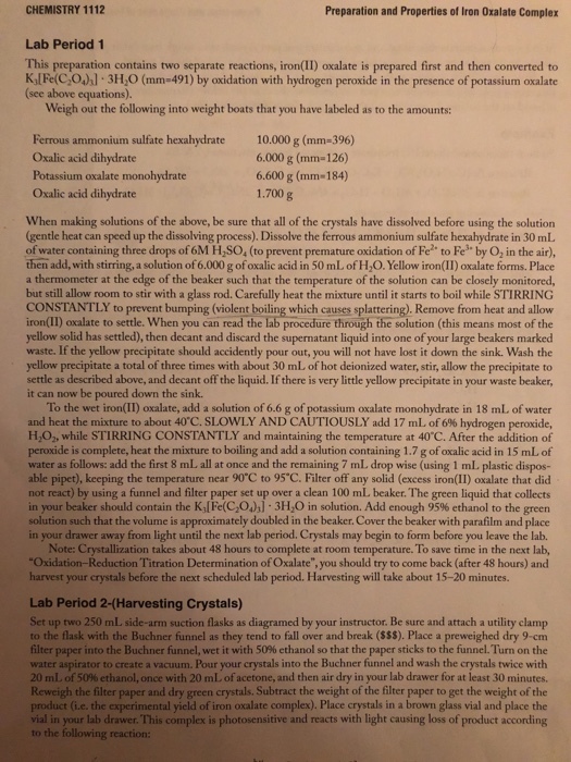 Solved CHEMISTRY 1112 Preparation and Properties of Iron | Chegg.com