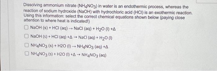 Solved Dissolving ammonium nitrate (NH4NO3) in water is an | Chegg.com