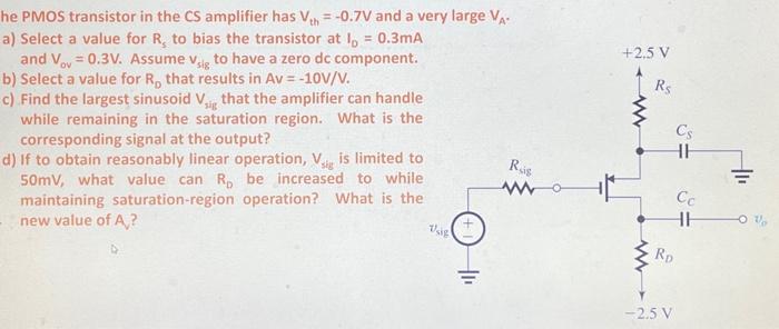 Solved he PMOS transistor in the CS amplifier has Vth =−0.7 | Chegg.com