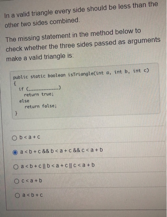 Solved In a valid triangle every side should be less than | Chegg.com