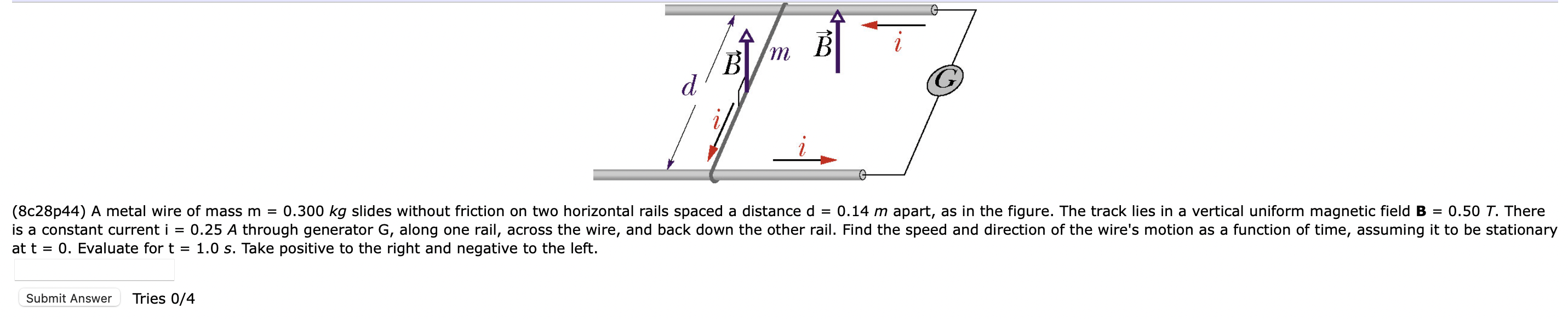 Solved (8c28p44) ﻿A metal wire of mass m = 0.300 ﻿kg slides | Chegg.com