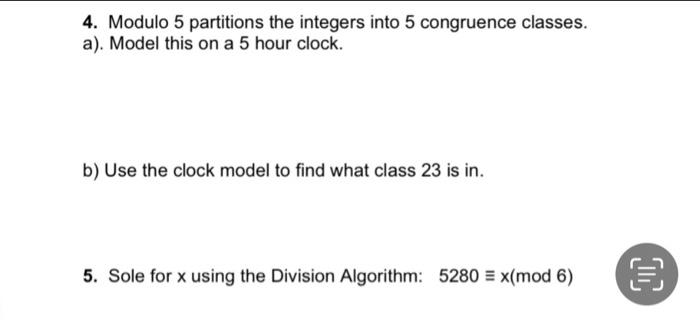 Solved 4. Modulo 5 partitions the integers into 5 congruence | Chegg.com