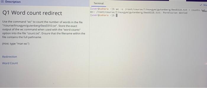 Solved Description Ma Terminal Lusersahara - 1$ wc - | Chegg.com