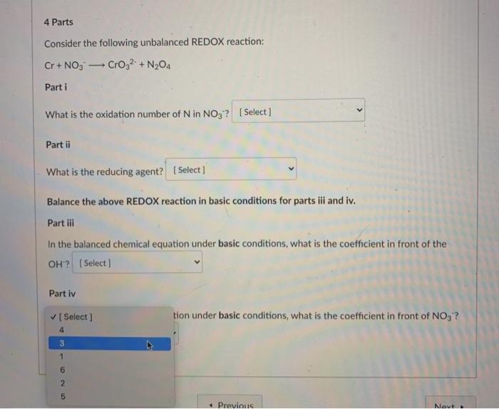 Solved 4 Parts Consider the following unbalanced REDOX | Chegg.com