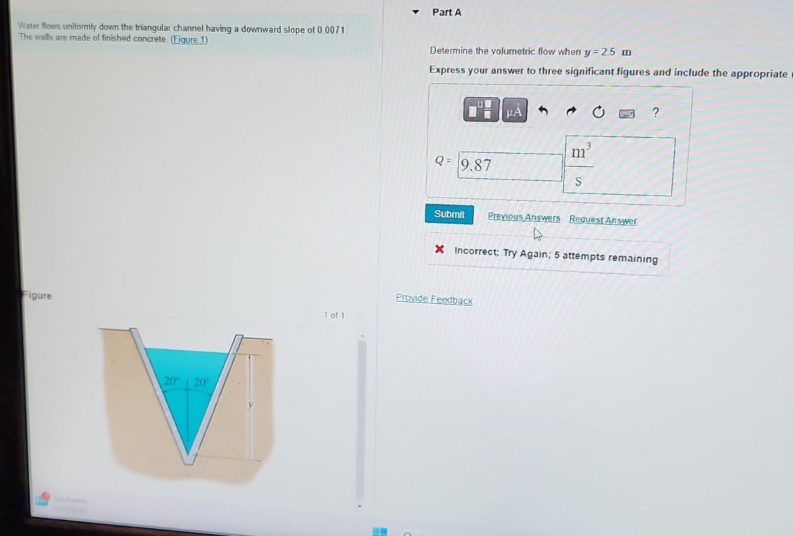 Solved Water flows uniformly down the triangular channel | Chegg.com