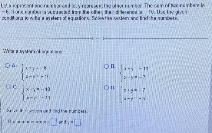 Solved Let x represent one number and let y represent the | Chegg.com