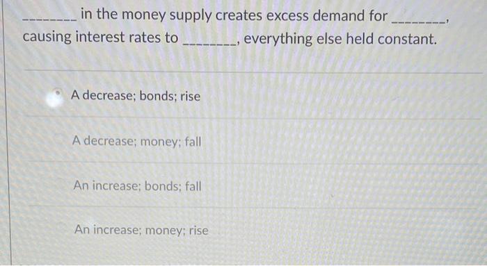 Solved in the money supply creates excess demand for causing | Chegg.com