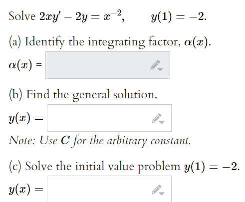 Solved Solve 2xy'-2y=x-2,y(1)=-2.(a) ﻿Identify the | Chegg.com