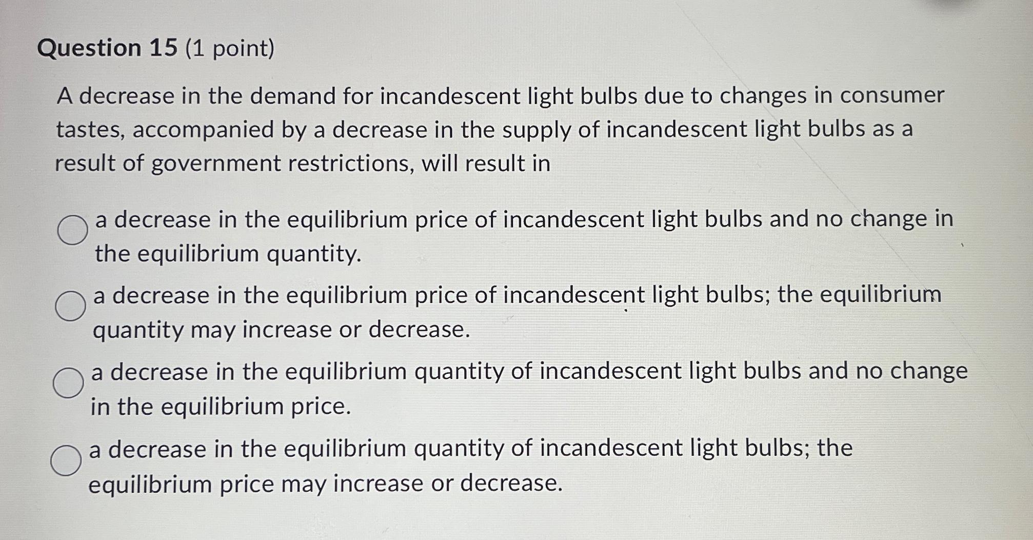 Solved Question 15 (1 ﻿point)A decrease in the demand for | Chegg.com